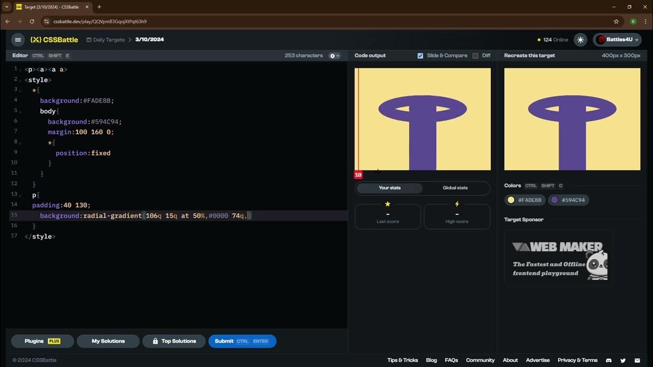 3/10/2024 - CSS battle - Daily Challenge - 100% Match - 303 Characters ...