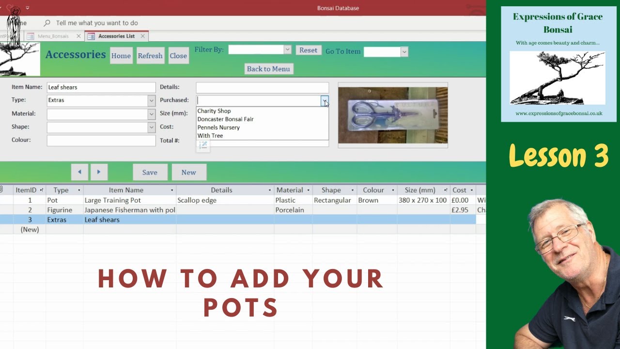 How to use your BONSAI database - Lesson 3: Adding Pots and using filters. - YouTube
