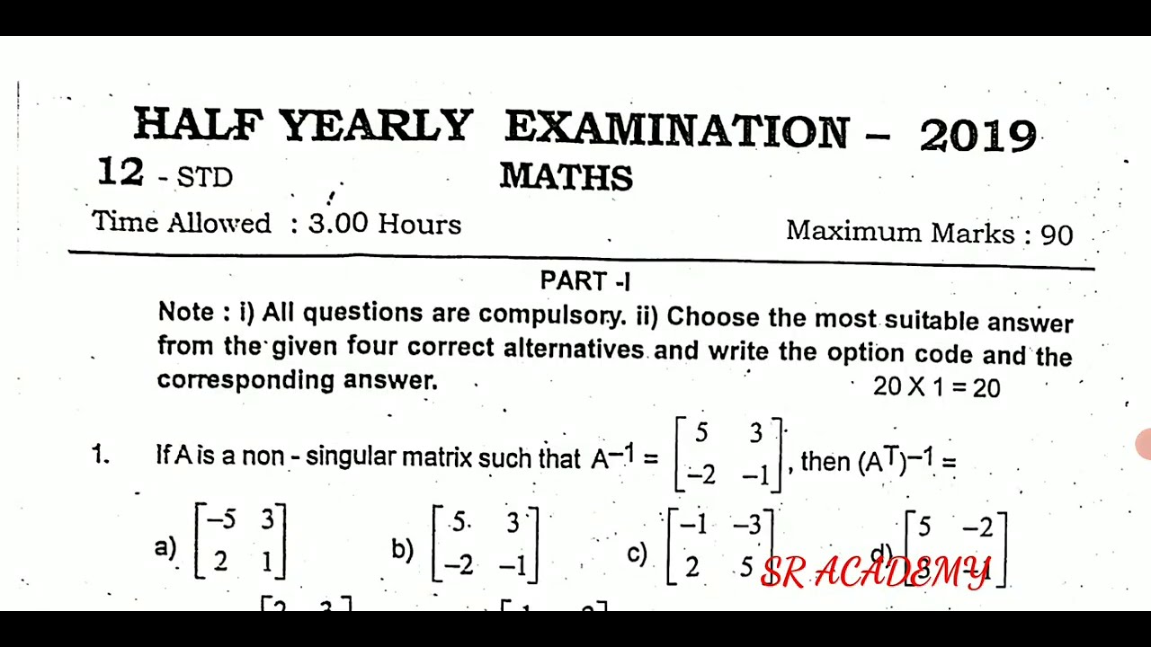 12th standard maths half yearly exam original question paper 2019 ...