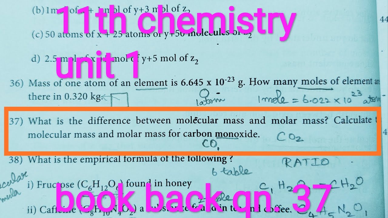 11th CHEMISTRY UNIT 1 Short Answer Part 12 Qn 37 Molecular Mass Molar 11th-chemistry-unit-1-short-answer-part-12-qn-37-molecular-mass-molar