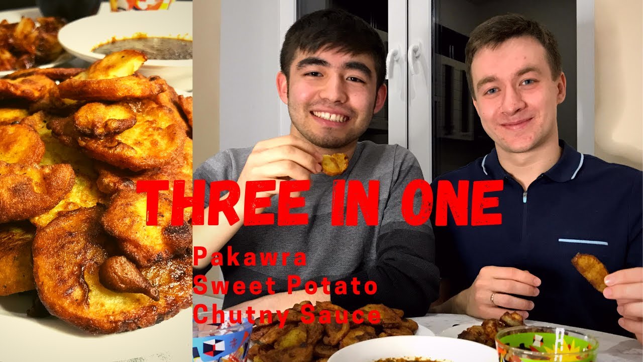 ASMR Cooking/Eating Pakawra, Sweet Potato, Chutny Sauce with son of A ...