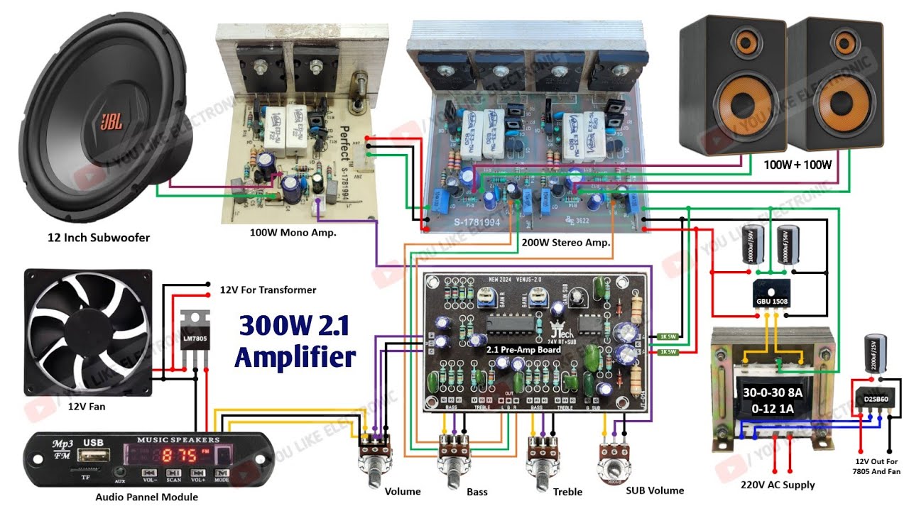 How to make 300W 2.1 Amplifier At Home | 2.1 Amplifier kaise bnaye | You Like Electronic - YouTube