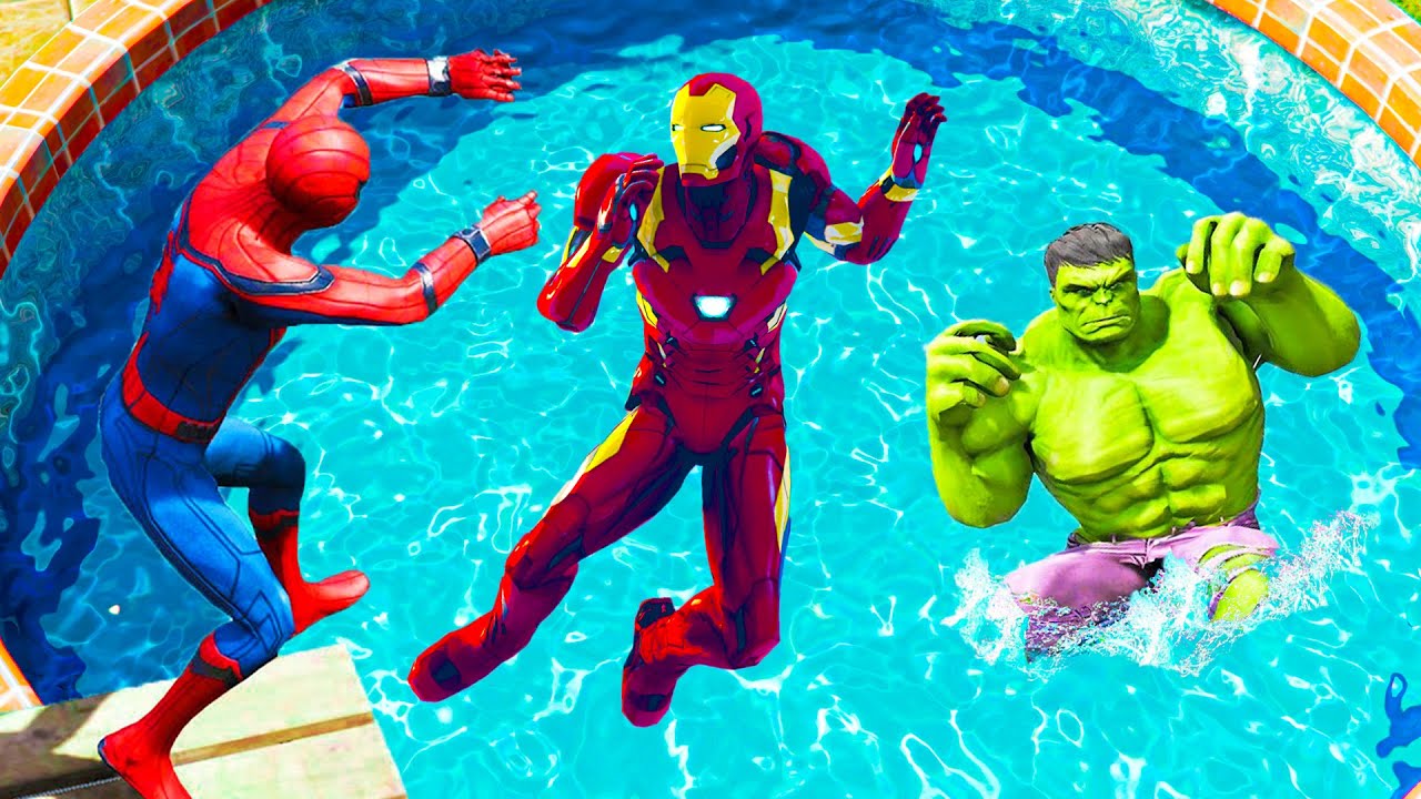 SPIDERMAN and SuperHeroes Jumping into POOL in GTA 5! (SUPERHERO Pool ...