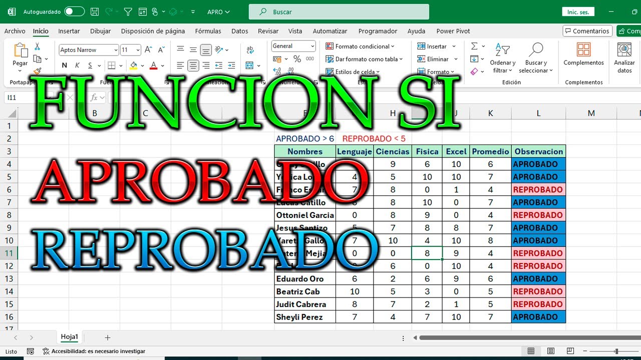Cómo utilizar la función SI en Excel APROBADO Y REPROBADO (gratis) - YouTube