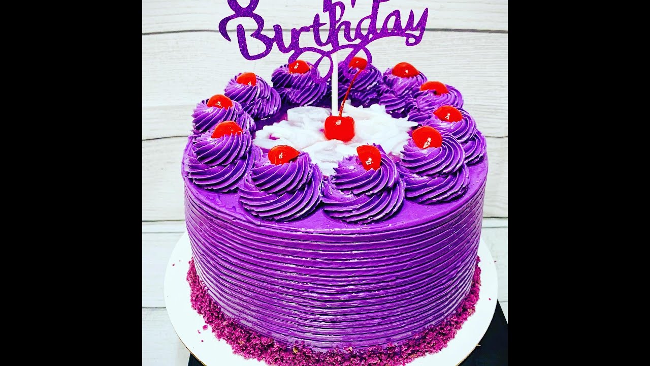 Ube cake decorating, assembly, layering and frosting - YouTube