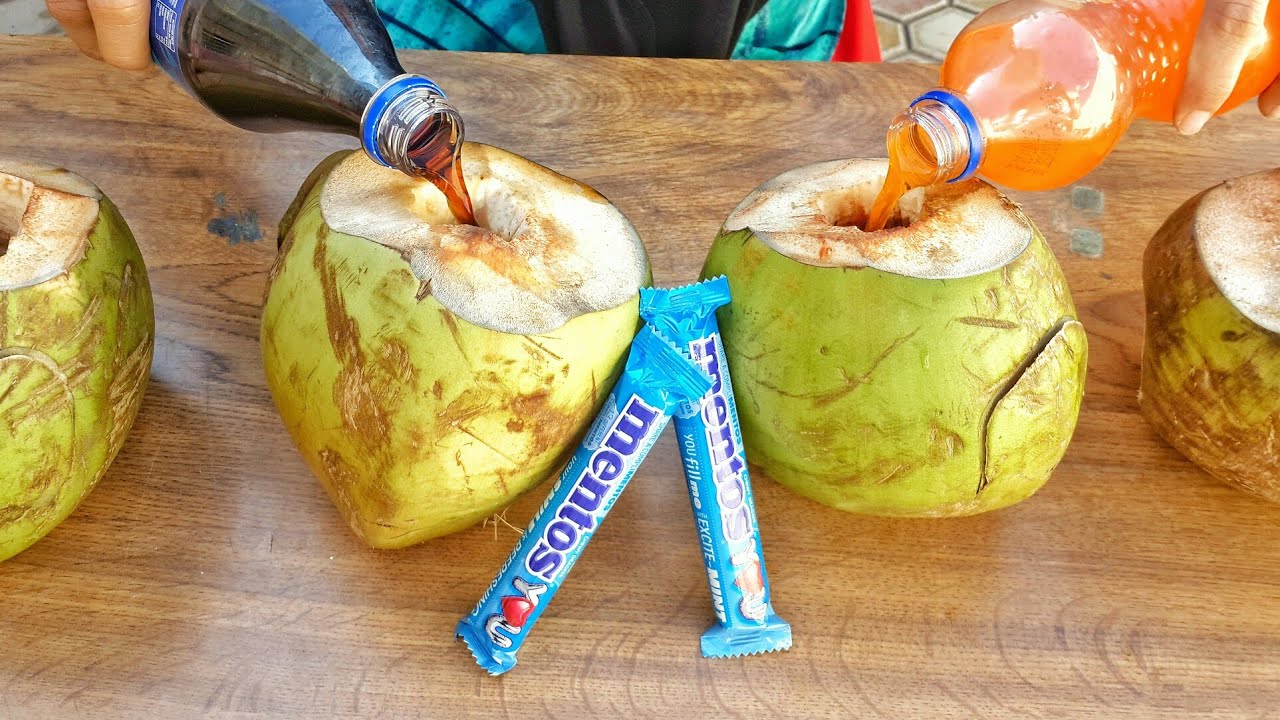 Experiment: Cola, Fanta and Mentos In Coconut - YouTube