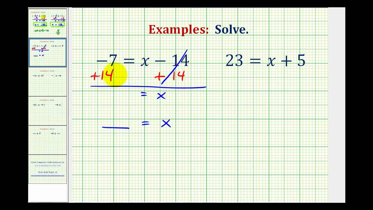 Ex: Solving One Step Equation By Add Subtract Integers (var On Right