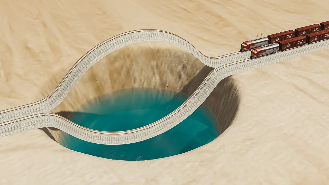 Impossible Giant Pit Double Wave Rail Tracks Vs Train Crossing Big ...