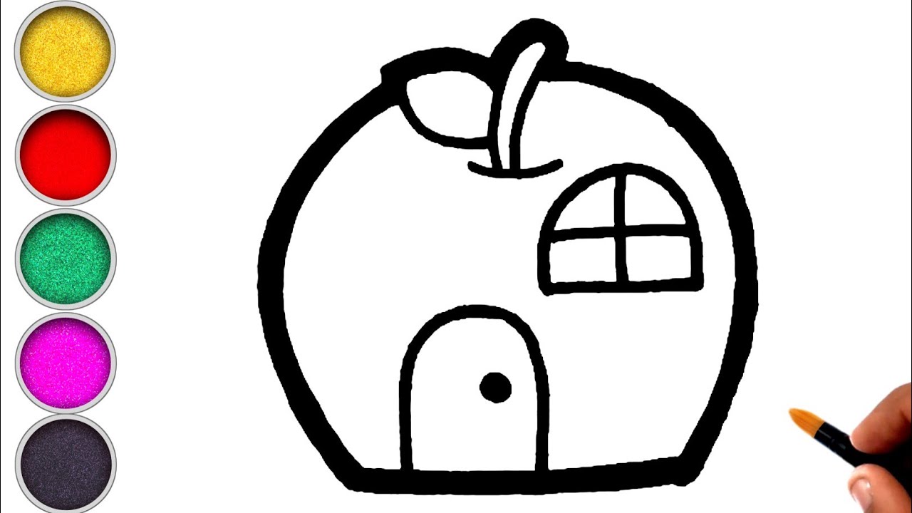 Apple House Drawing and Coloring for Kids Toddlers - How to Draw Apple ...