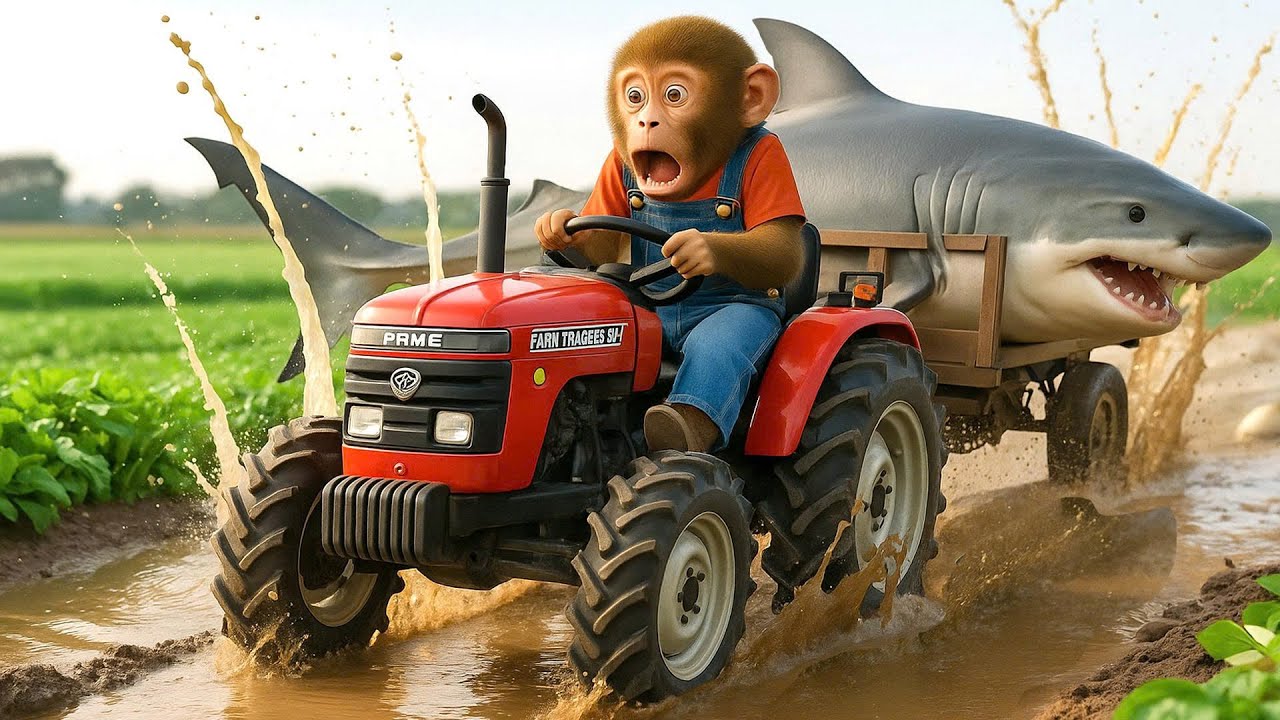 Shark On Farm, Monkey Farmer Catches Sharks Transports Them by Tractor ...