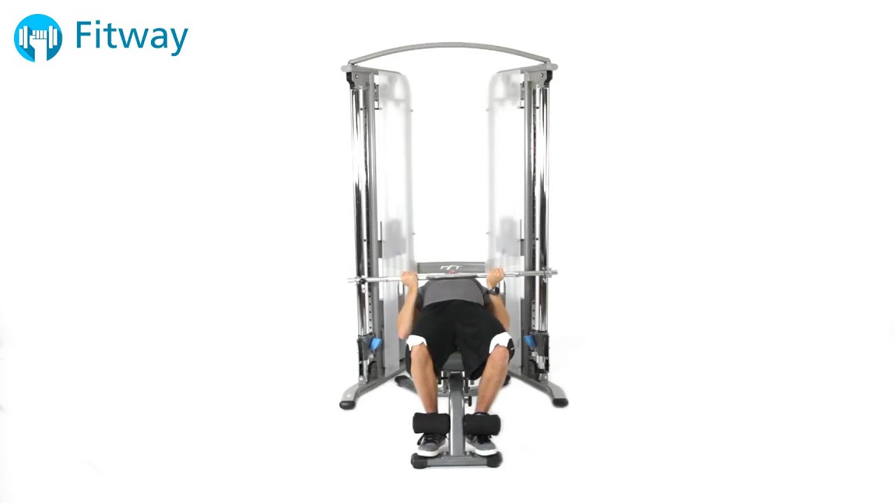 How To Do: Cable Bench Press - Flat Underhand Grip Long Bar | Chest ...