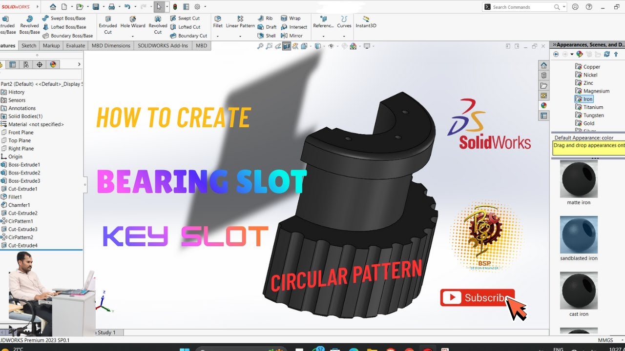 how to Make Bearing Slot And KEY slot in SolodWorks - YouTube