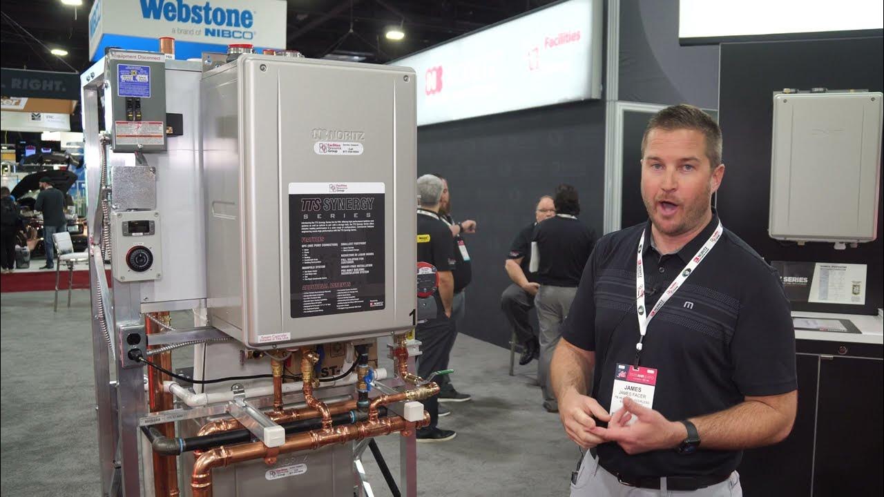 Noritz - TTS Synergy Series Commercial Tankless Rack Water Heating System - AHR 2023 - YouTube