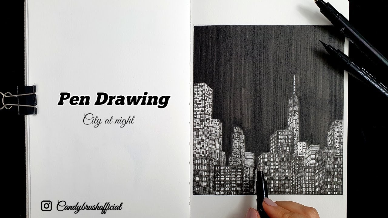 Pen & Ink Drawing #23 | Drawing A City at Night - YouTube