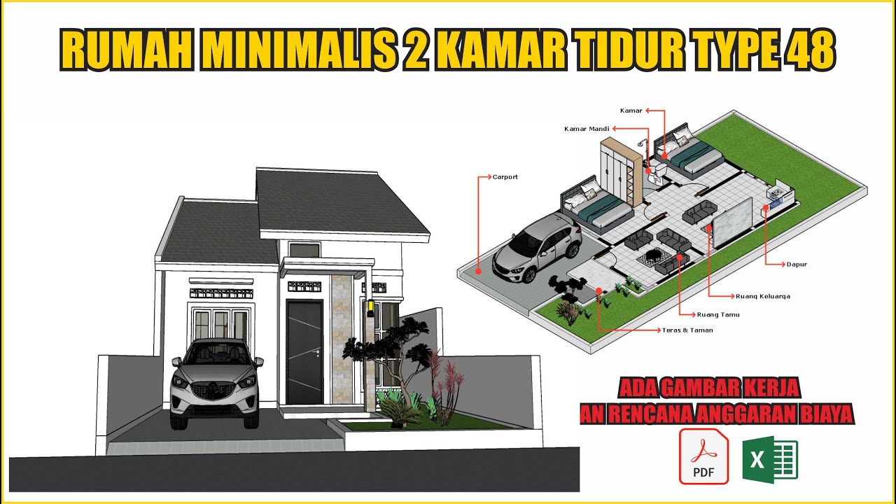 DESAIN RUMAH MINIMALIS 2 KAMAR TIDUR TYPE 48 DILENGKAPI GAMBAR KERJA ...
