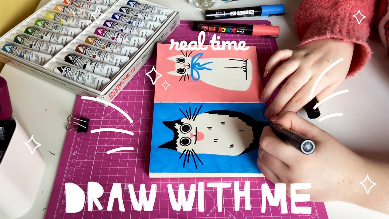 real time sketchbook session drawing cute cats in posca pen - YouTube