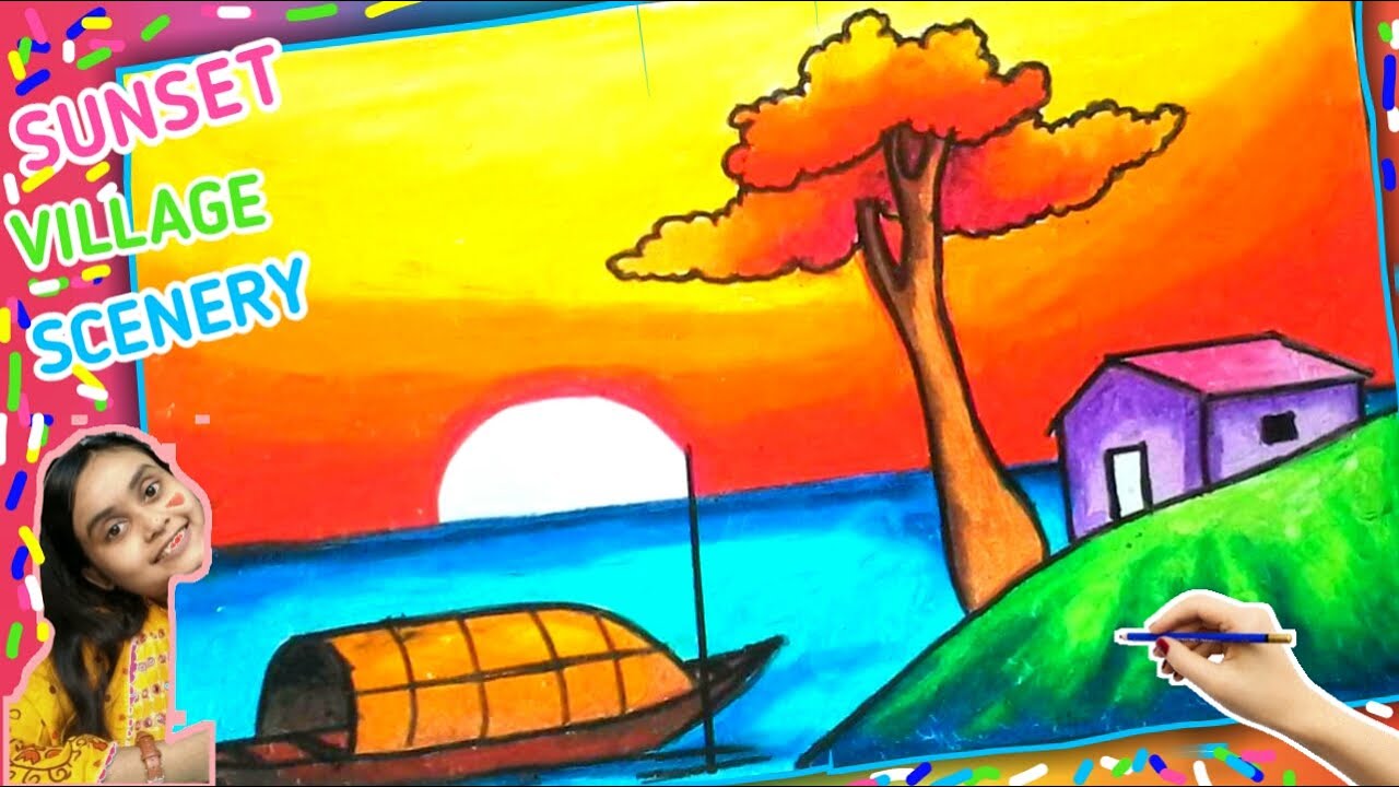 HOW TO DRAW EASY LAKESIDE SUNSET VILLAGE SCENERY (STEP BY STEP ...