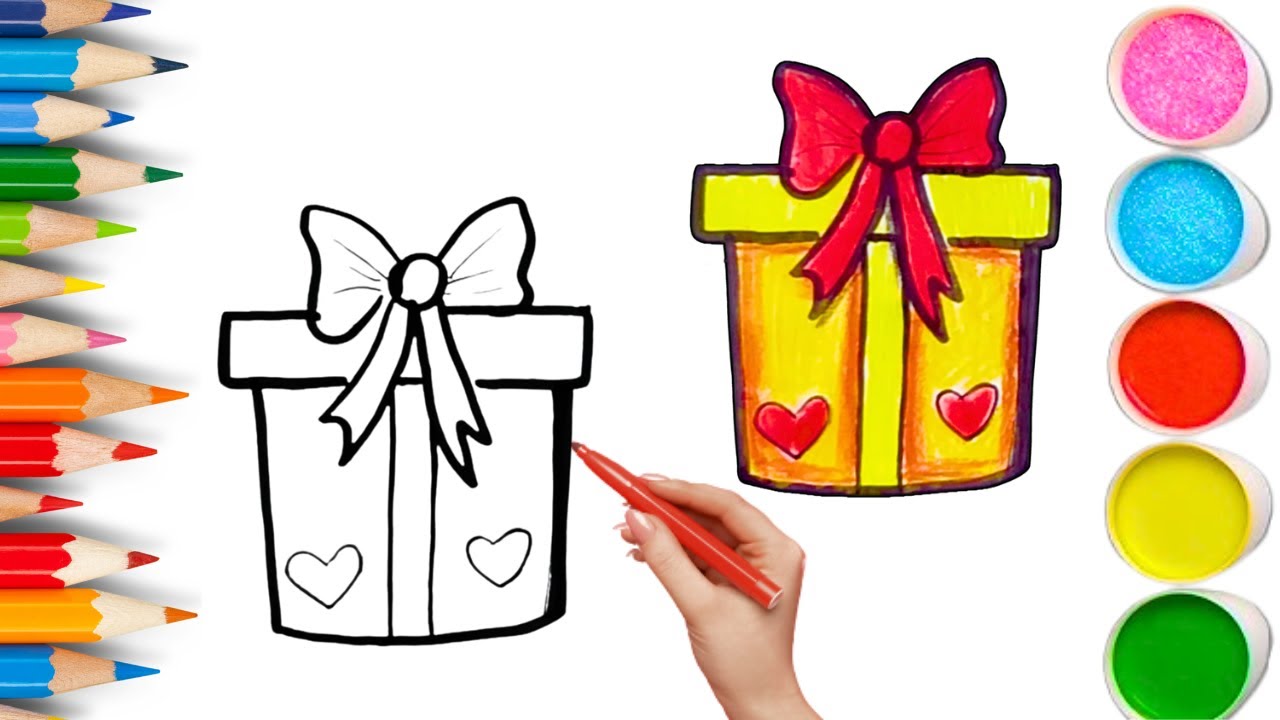 How To Draw cute Gift Box Drawing, Painting & Coloring For Kids and ...