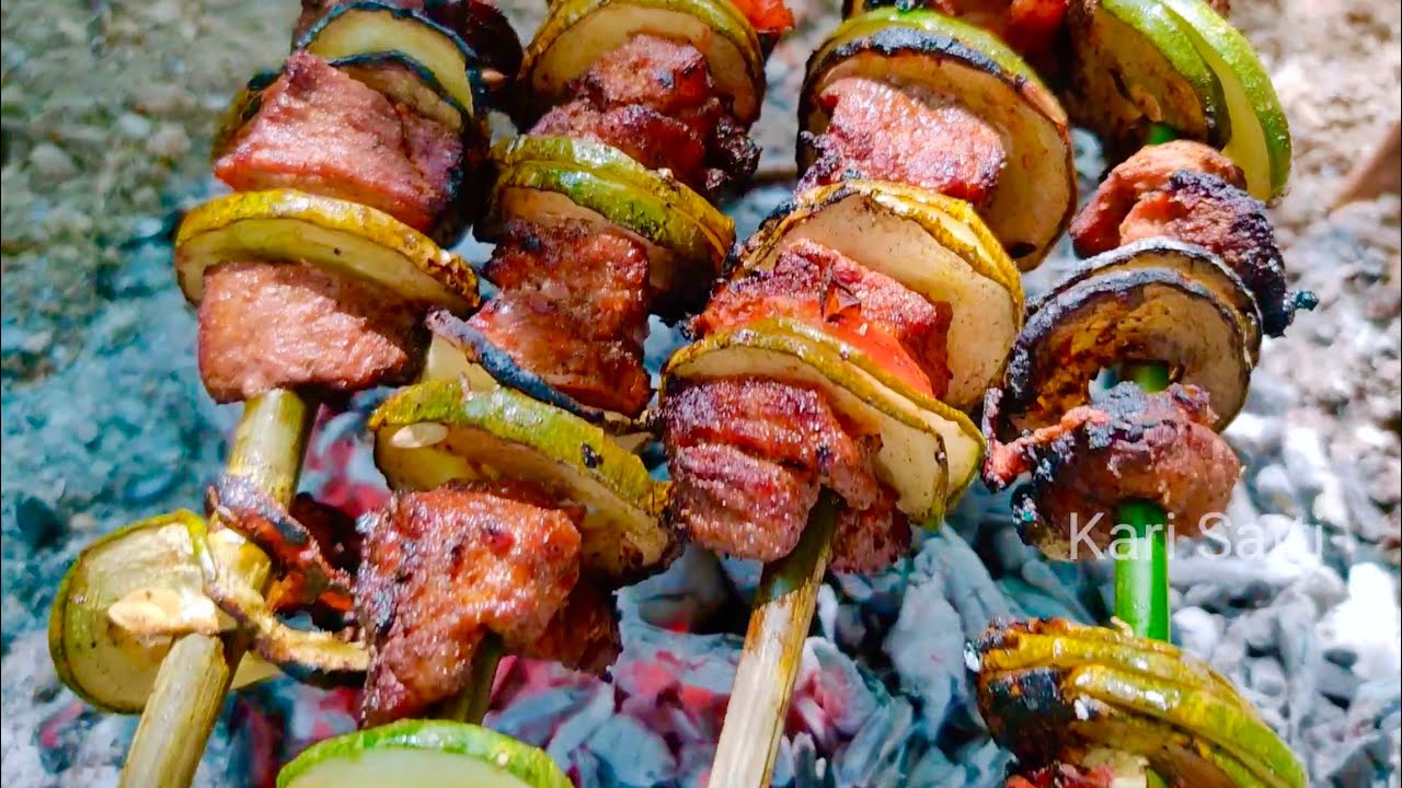 Barbecue Bamboo Skewers with beef | Village kids cooking | Kari Satti ...
