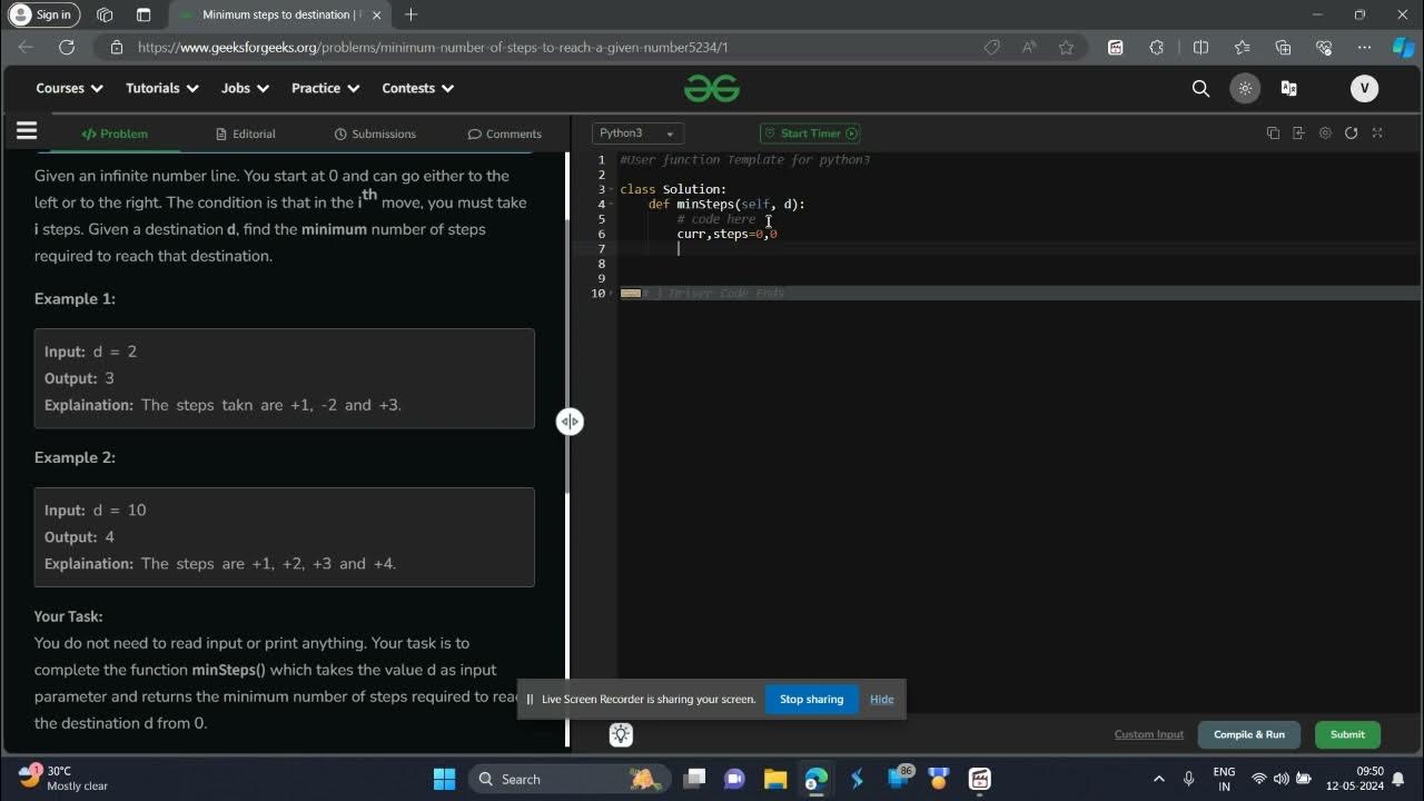 Minimum steps to destination GFG POTD Python Solution geeks for geeks problem of the day - YouTube