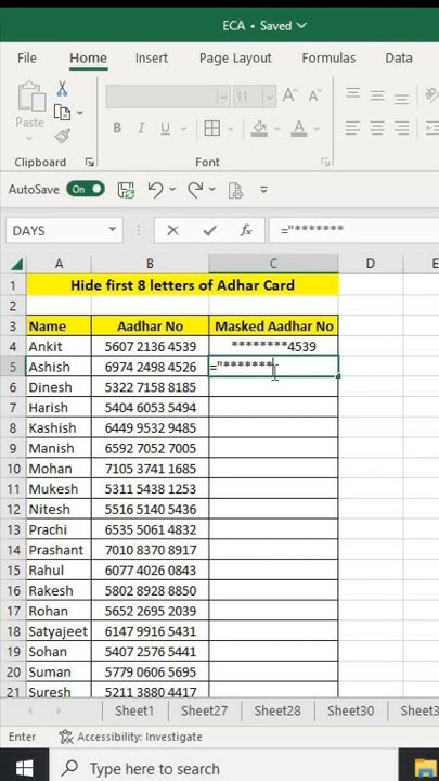 Hide Aadhar No #excel #msexcel #msexceltutorial #msexceltricks #ytshorts #shortsvideo #shorts # ...