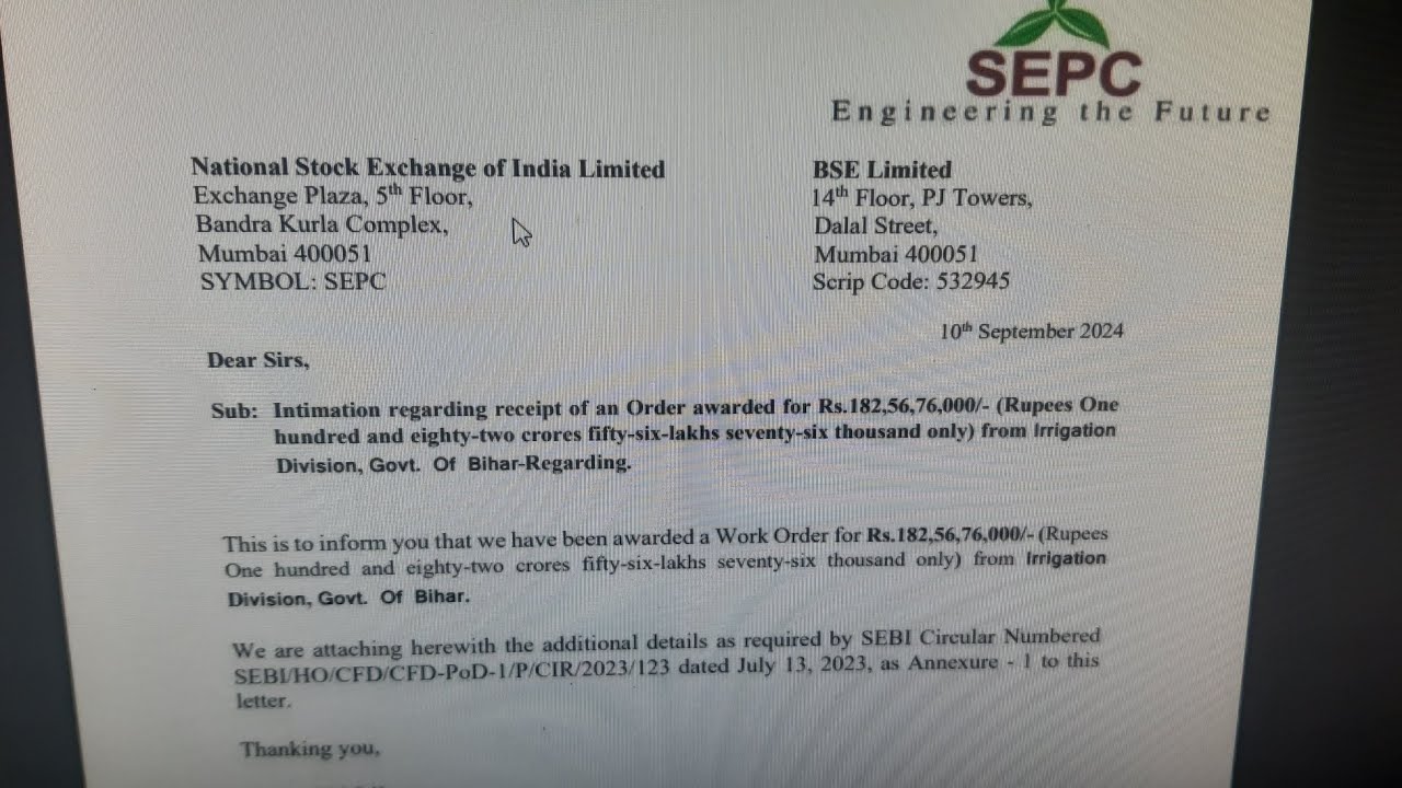 SEPC Received order of Rupees 182,56,76,000/ from irrigation Division ...