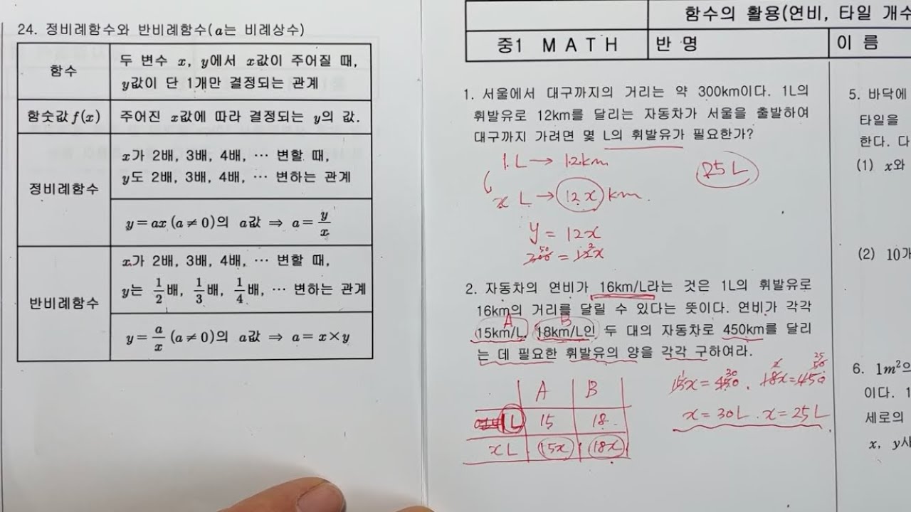 함수의 활용 자동차 연비 타일 간격 쉽고 빠르게 정비례 반비례의 관계식 함숫값 X의 범위와 그래프 그리기 중1수학