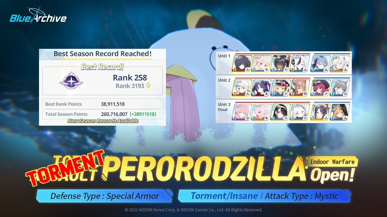 Blue Archive Perorodzilla Indoor TORMENT - 3 team Clears - YouTube