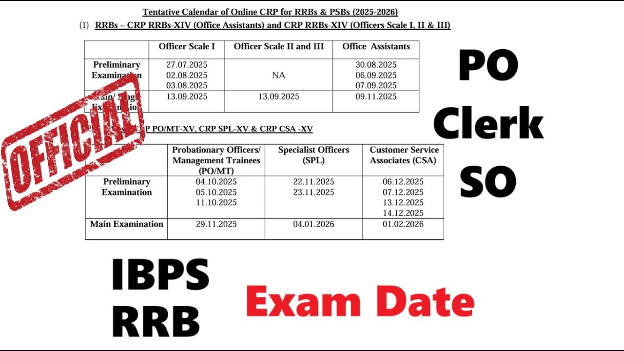 IBPS Calendar 2025 26 | Exam Date for IBPS RRB Clerk PO SO - YouTube