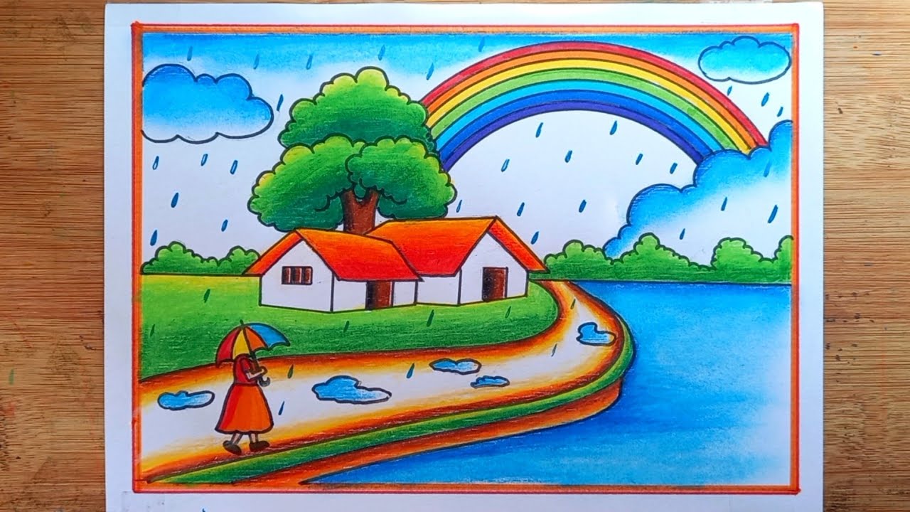 Rainy Season Scenery Drawing/ Rainbow Scenery Drawing Very Easy/ How To ...