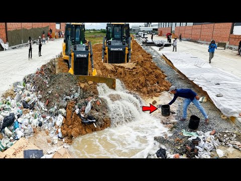 Start New Project !! by Truck 25 5Ton Dumping Stone Soil & Dozer SHANTUI Pushing working