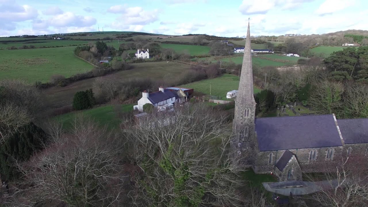 Aerial view of Llanwenllwyfo church dulas Anglesey Dji phantom 3 pro ...