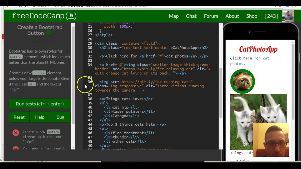 Create a Bootstrap Button, freeCodeCamp Bootstrap review, lesson 4 - YouTube
