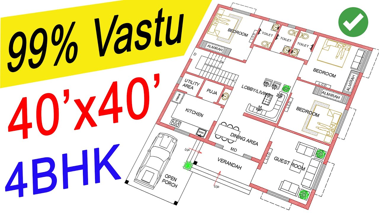 40X40 East Facing House Plan As Per Vastu 1600 Sqft 40x40 House