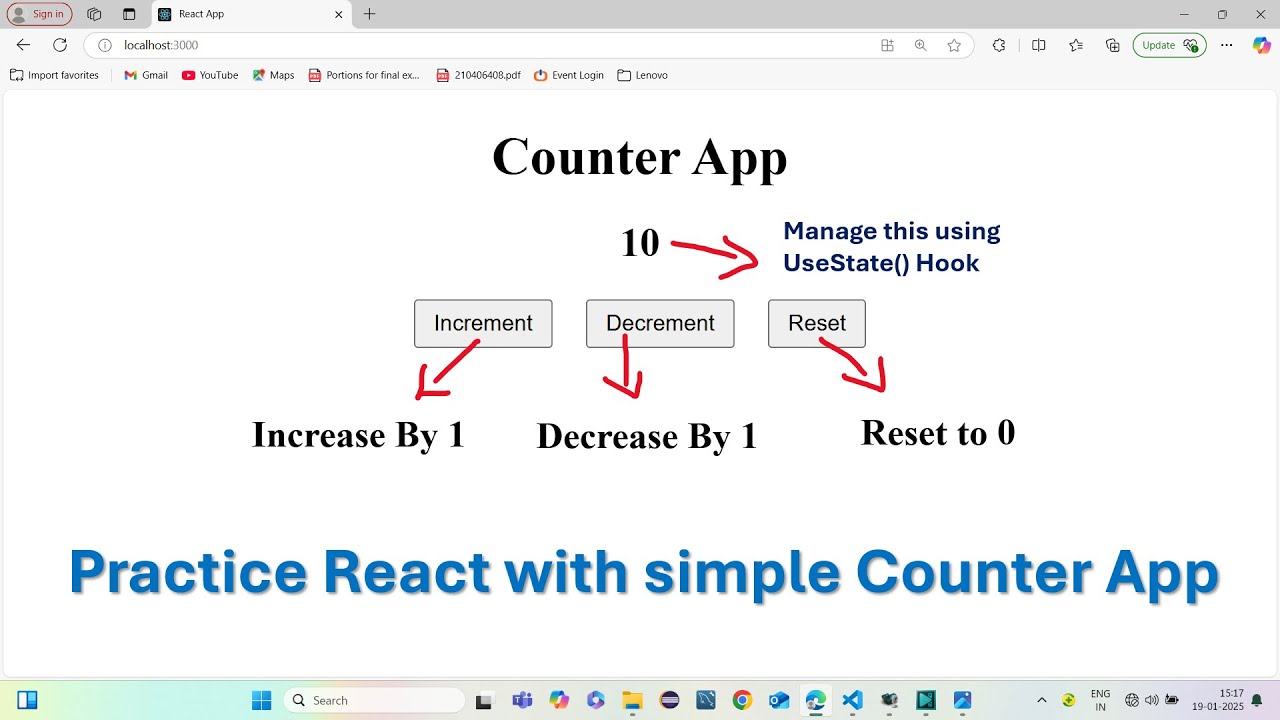 How to create a simple Counter App with React JS using useState hook #bharathedutech - YouTube