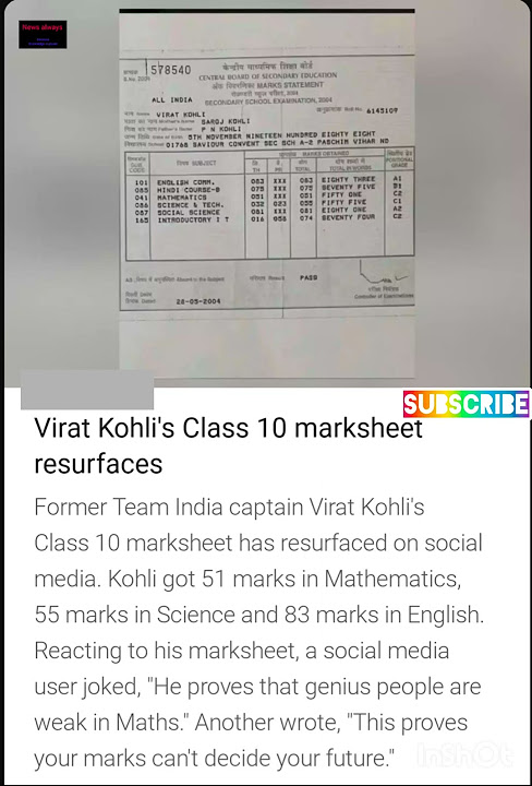 Virat Kohli's Class 10 marksheet resurfaces #viral#kohli#class10#shortsfeed#shorts - YouTube