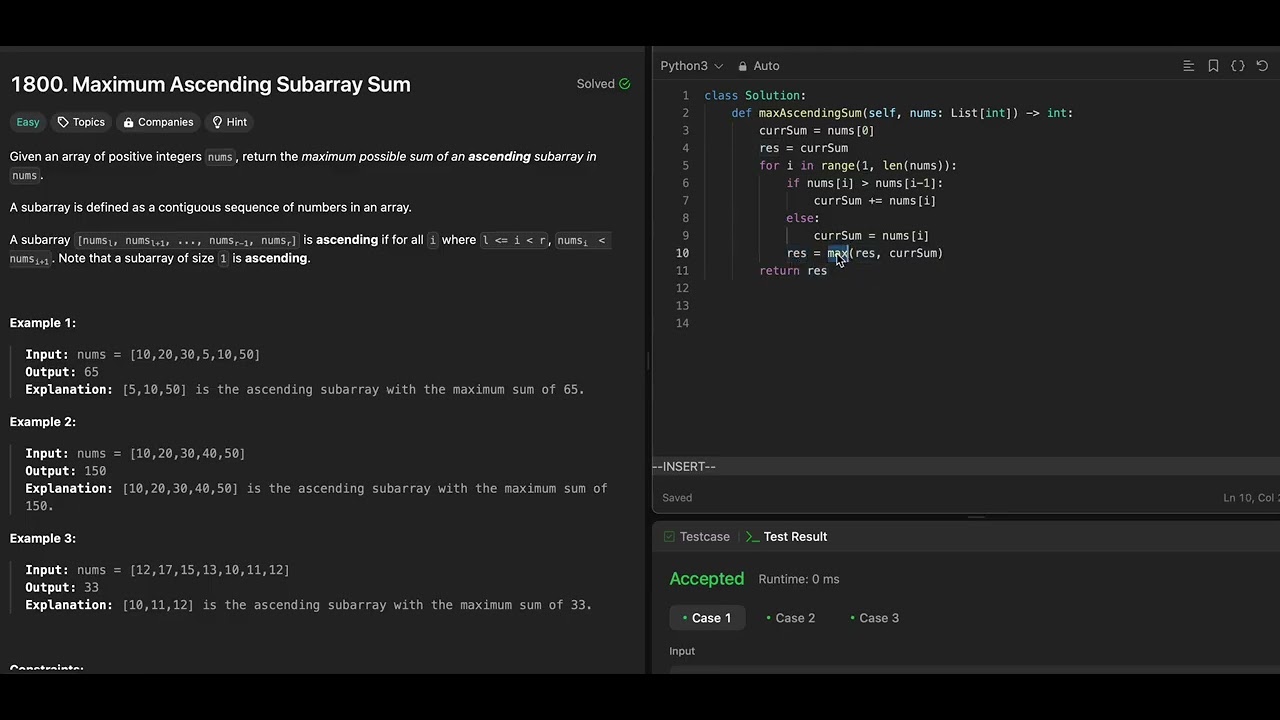 Leetcode 1800 Maximum Ascending Subarray Sum Youtube