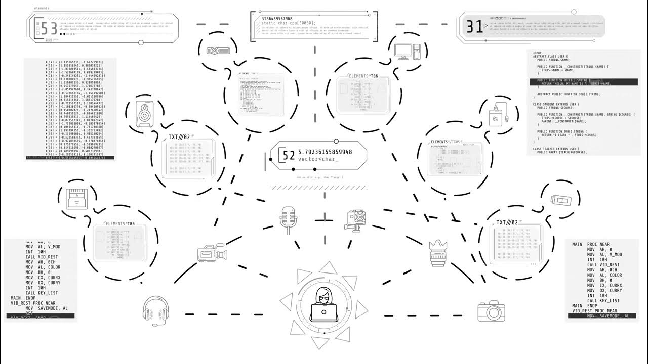 Monochrome infographics about modern devices and programming. - YouTube