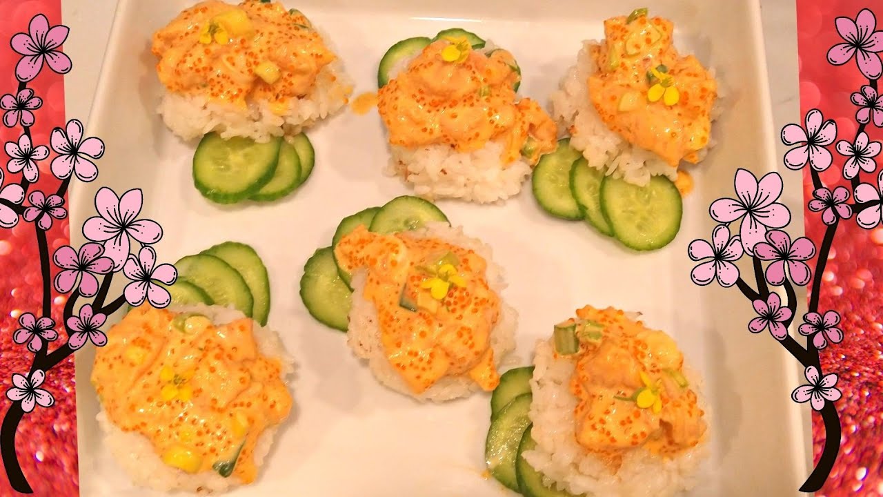 Crispy Rice Cakes Topped With Spicy Salmon Tobiko Salad | Fancy Recipes ...