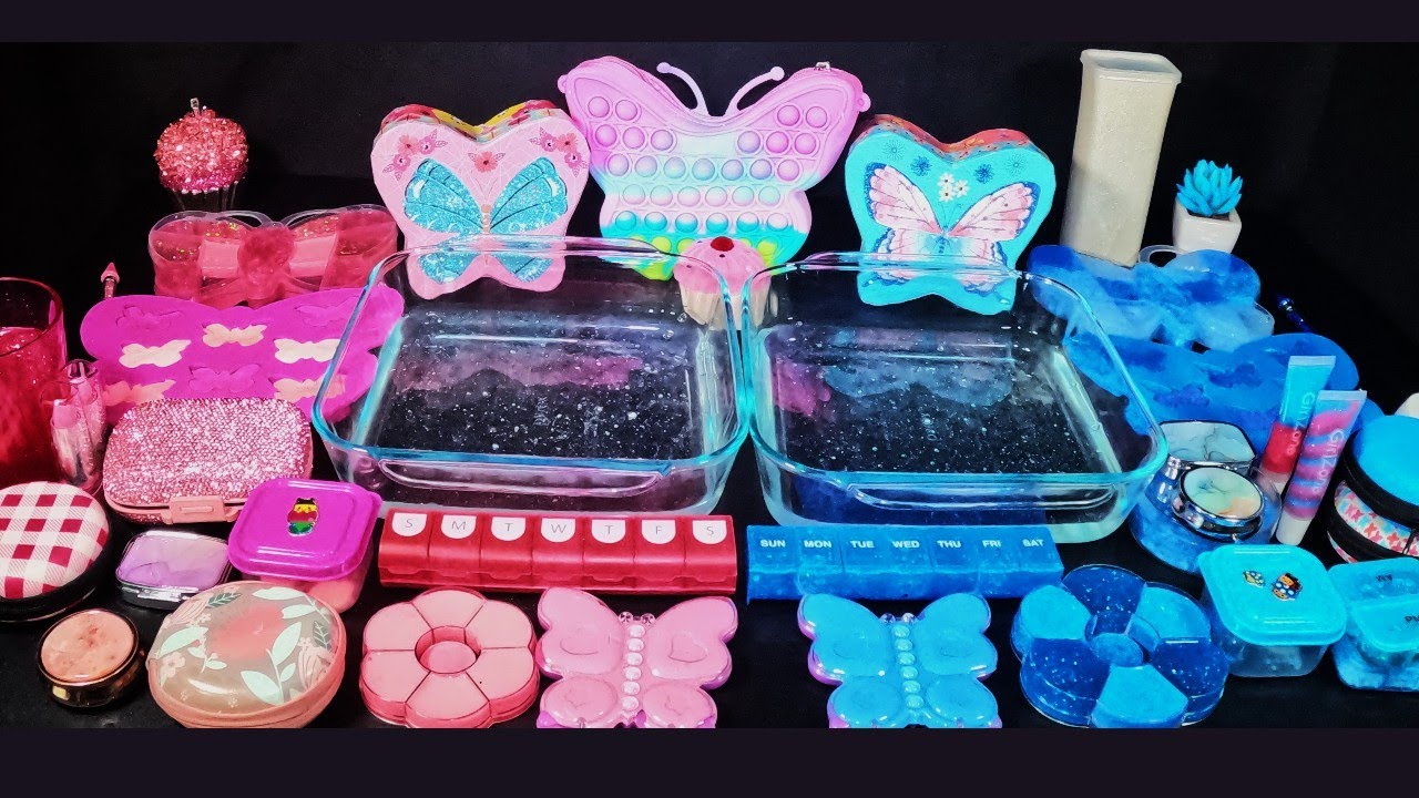 PINK vs BLUE BUTTERFLY Slime! 🩷🩵Mixing Clay & Glitter into Slime - YouTube
