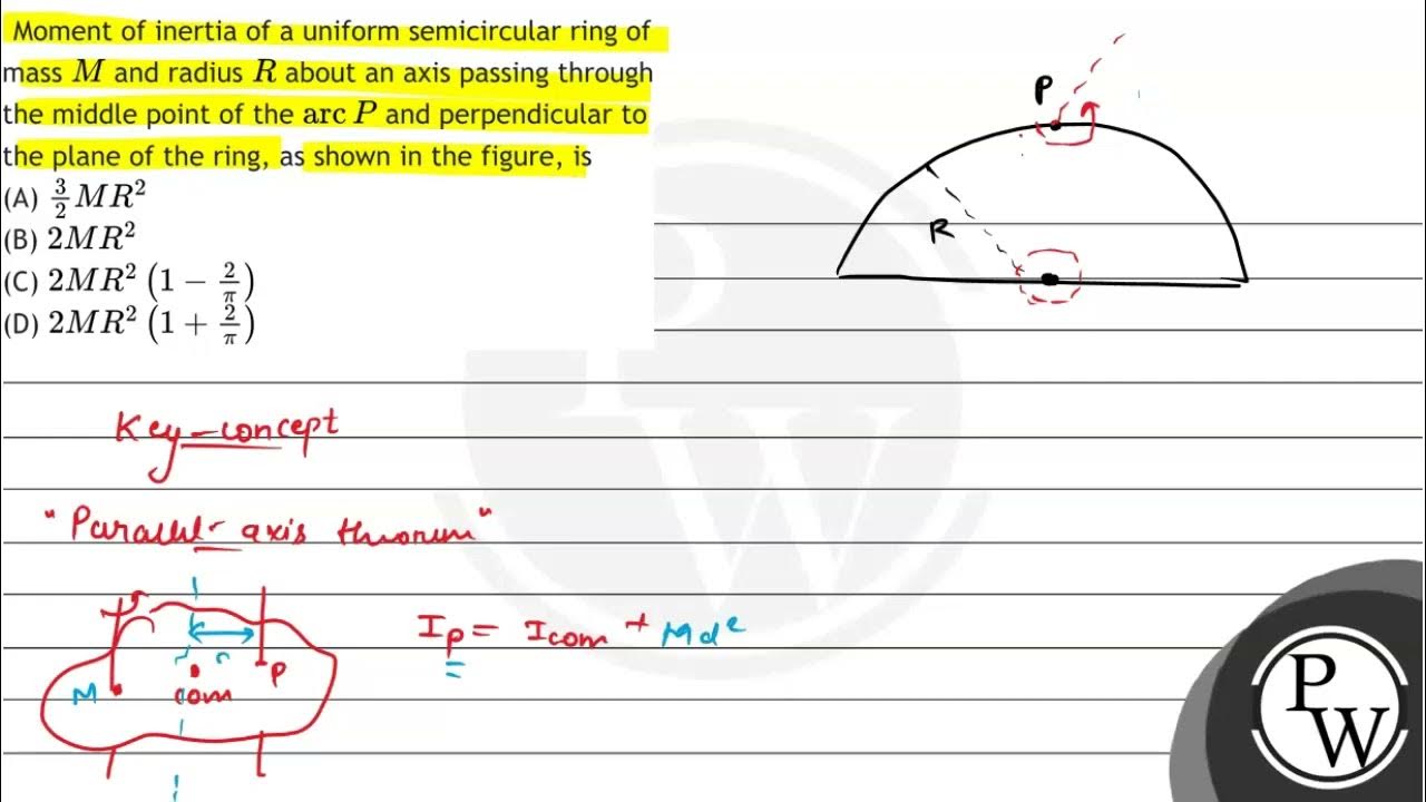 Moment of inertia of a uniform semicircular ring of mass \( M \) and radius \( R \) about an axi ...