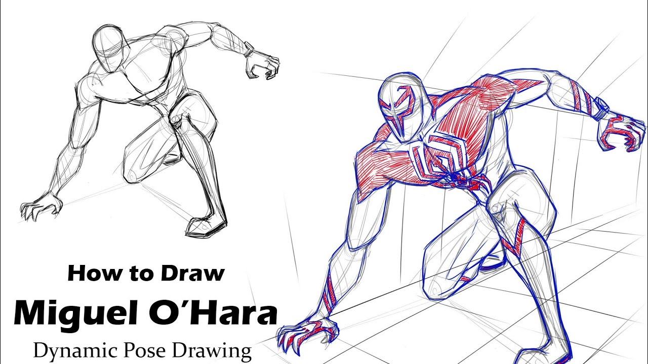 Miguel O'Hara Action pose drawing/ Step by Step Anatomy Drawing ...