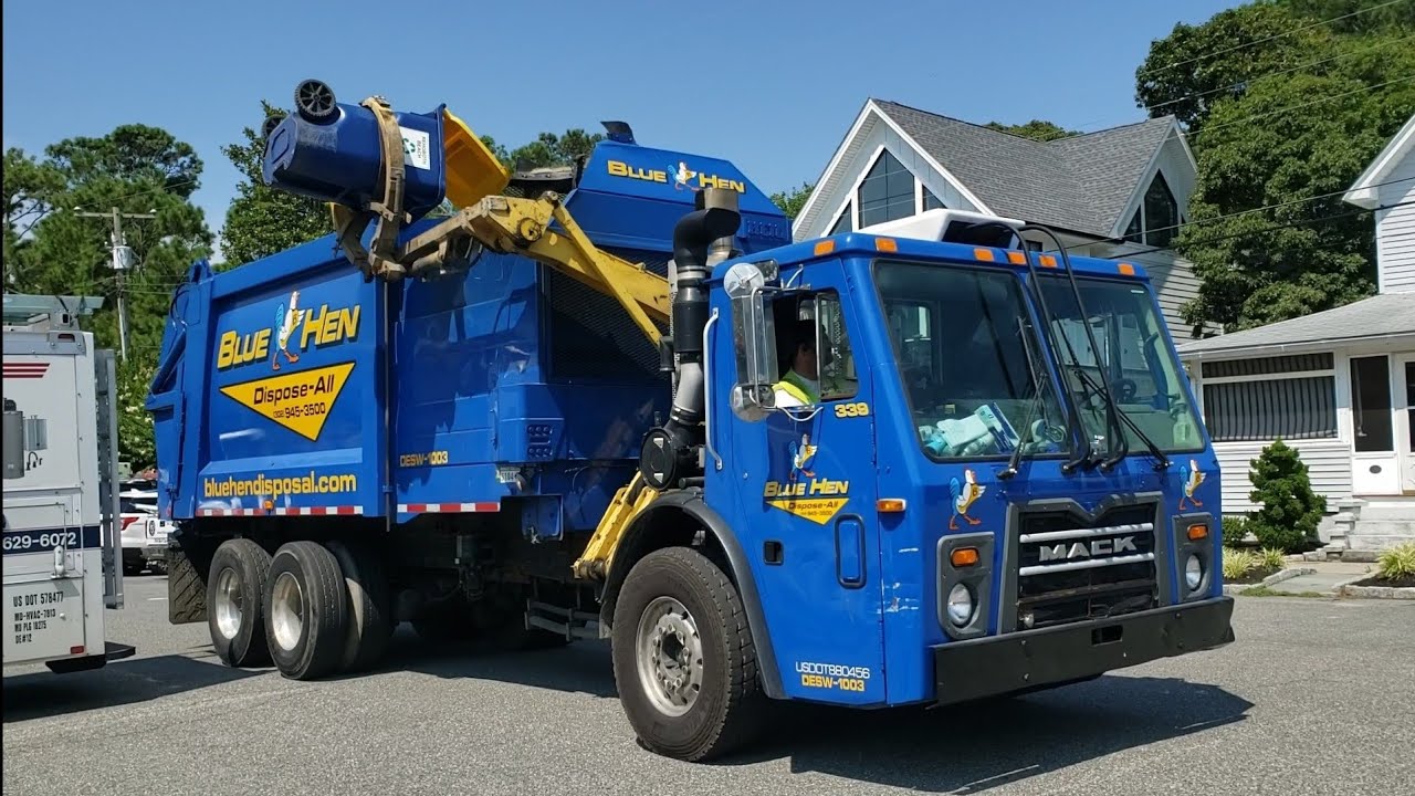 Blue Hen Mack LEU Heil Python side loader garbage truck - YouTube