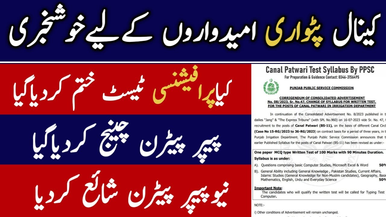 Canal Patwari Paper Pattern Change 2023 | PPSC Jobs | Canal Patwari ...