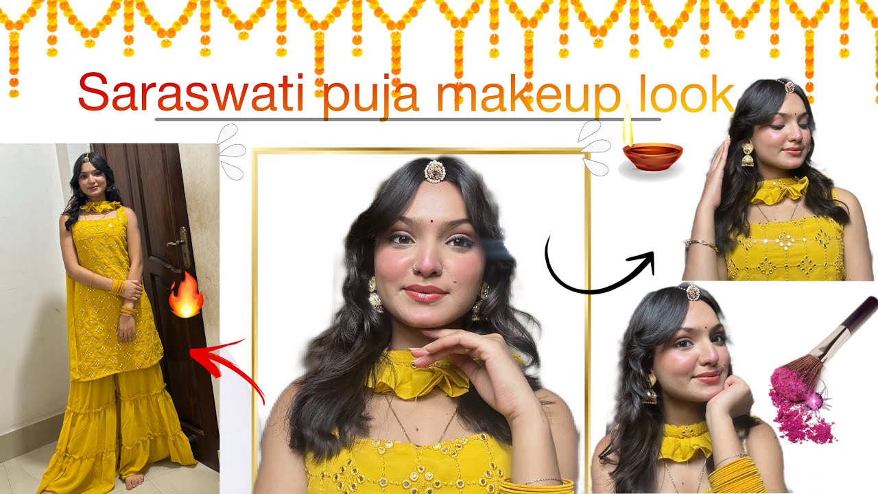 Saraswati puja makeup look || Girly festive makeup look || puja makeup ...