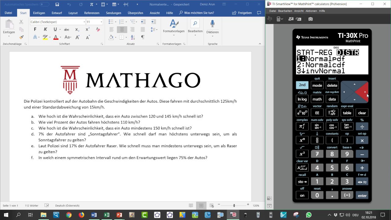 TI 30X Pro Mathprint - Normalverteilung - Mathago - YouTube