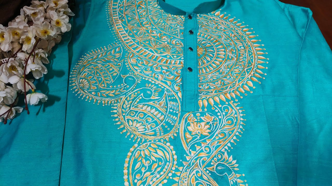 Blue hand painted fabric traditional wear - YouTube