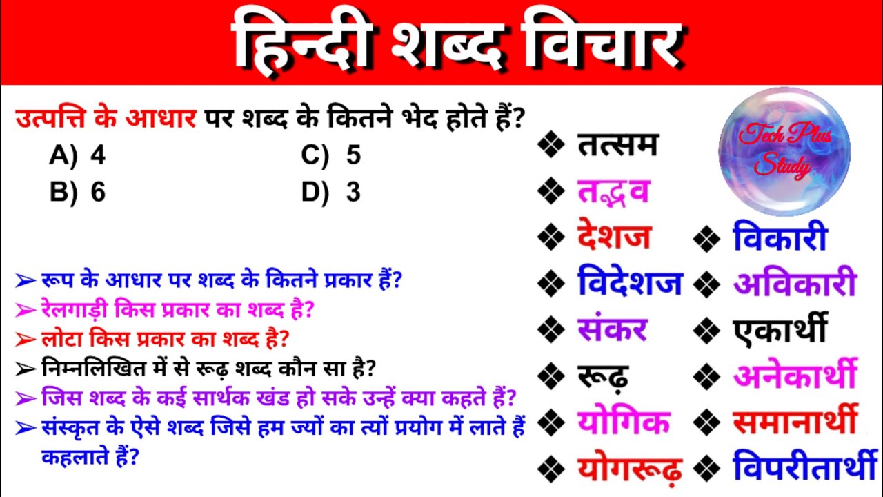 हिन्दी शब्द विचार|Hindi Shabd vichar|हिन्दी व्याकरण|Hindi grammar|MCQ ...