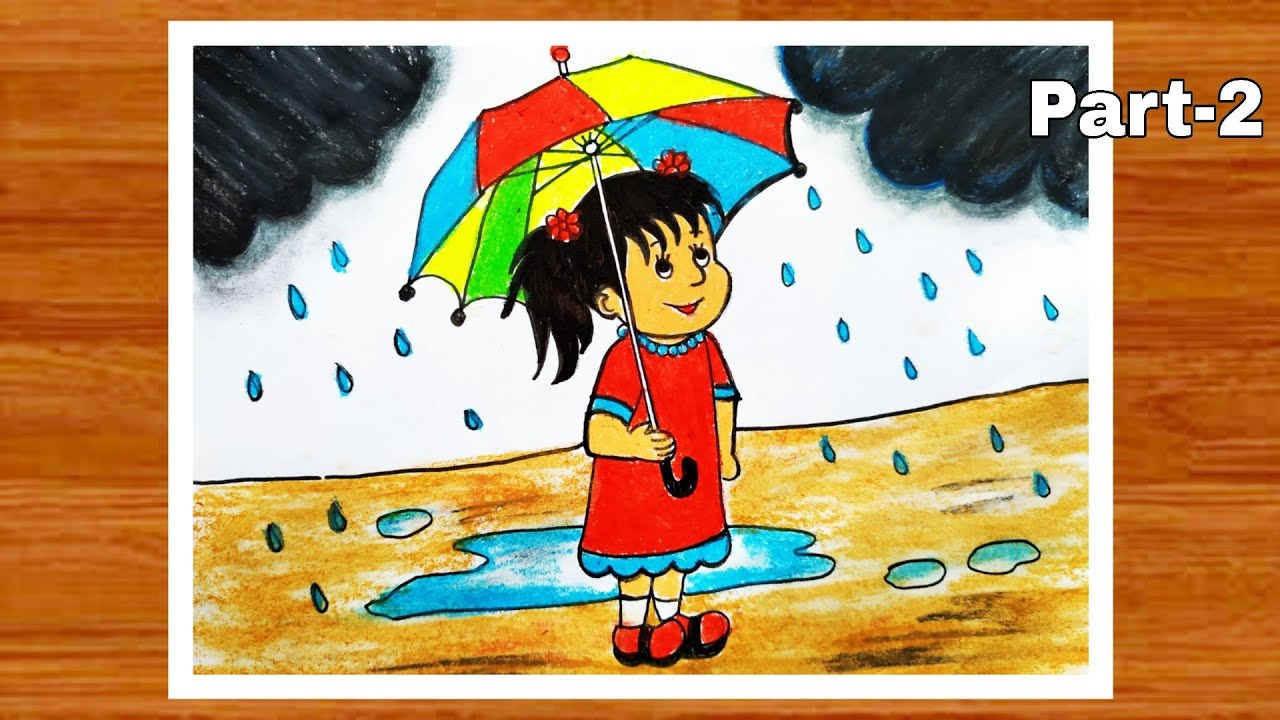 Rainy Season Scenery Drawing Easy| How To Draw A Cute Girl With ...