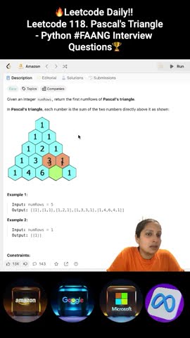 🔥Leetcode Daily!! Leetcode 118. Pascal's Triangle #FAANG Interview Questions🏆 #shorts #coding ...
